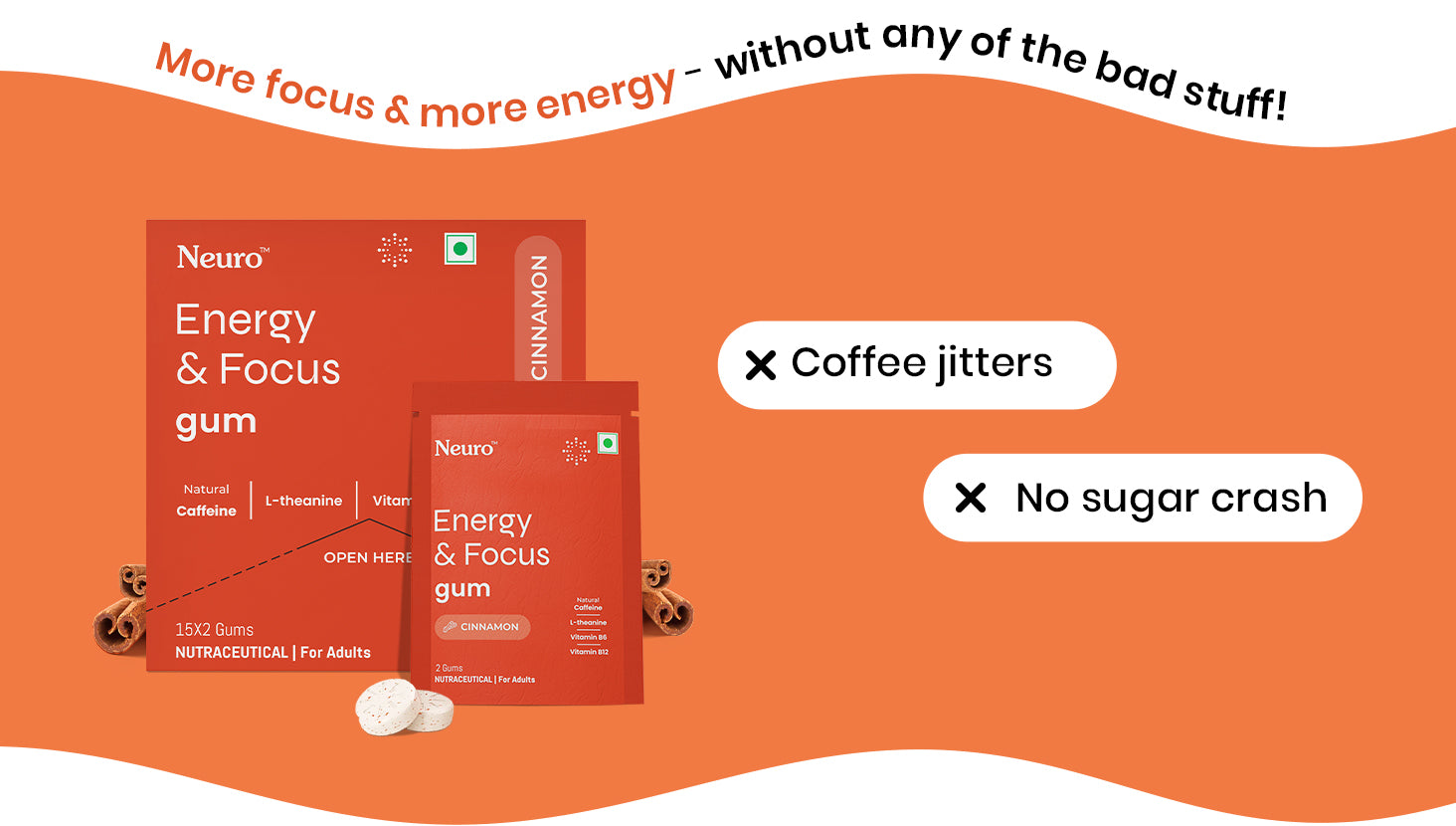 NeuroGum Energy Caffeine Gums - Cinnamon (30 Pieces: 15 X 2 gum sachet ...